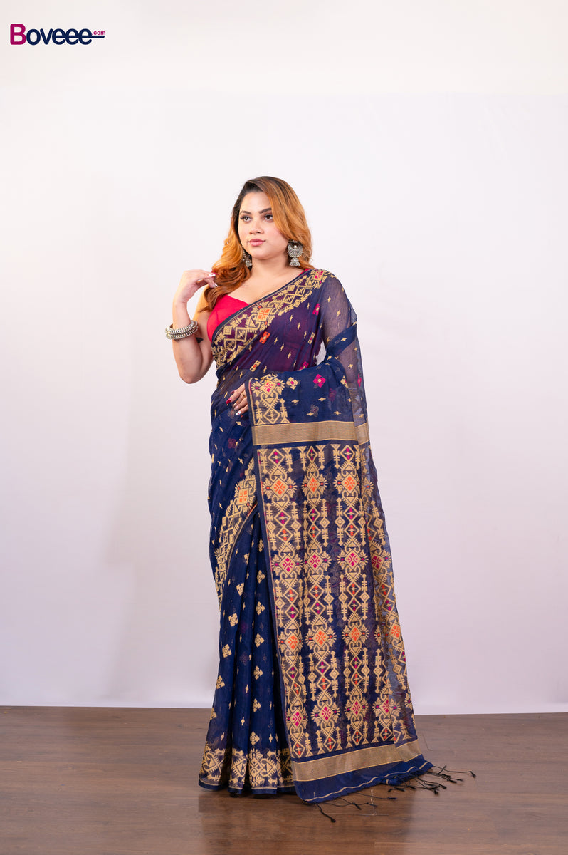 NAVY BLUE COTTON JAMDANI SAREE WITH BEIGE COLOR WOVEN MOTIFS – Boveee