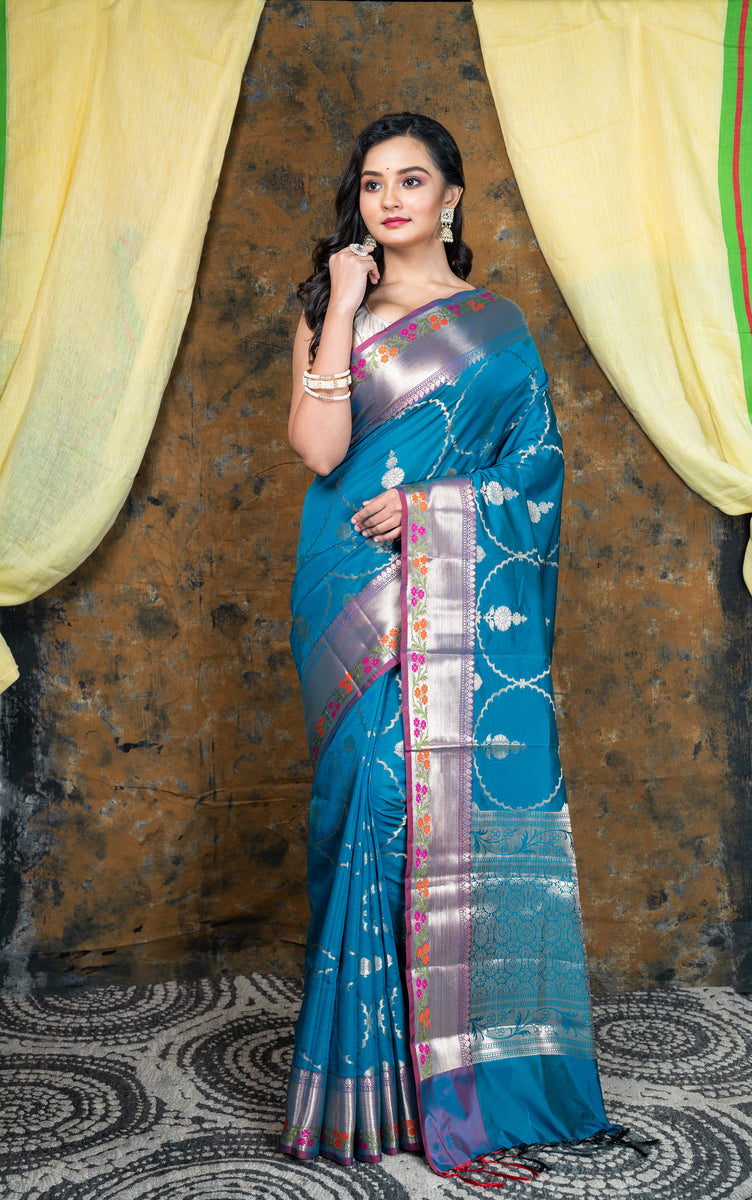 Cerulean soft banarasi uppada silk saree with golden woven motifs – Boveee